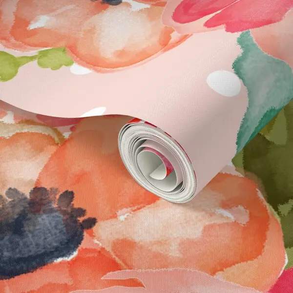 Spoonflower Floral Polka Pink Dots Flowers Pastel Watercolor Custom Pre-pasted Wallpaper - Pink,green,orange