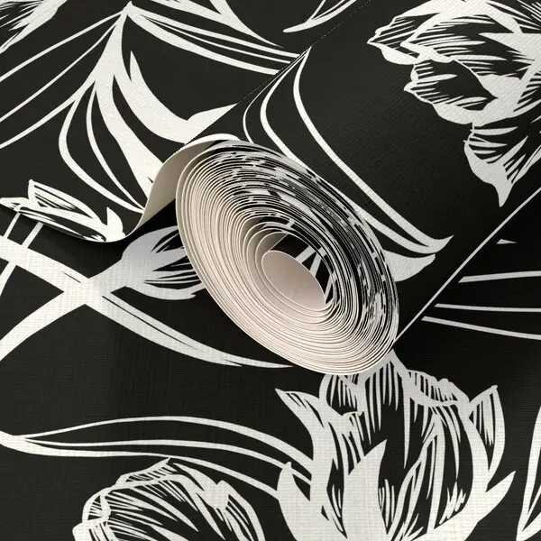 Spoonflower Inky Tulips On Black 100% Natural Sisal Grasscloth Wallcovering - Black,white