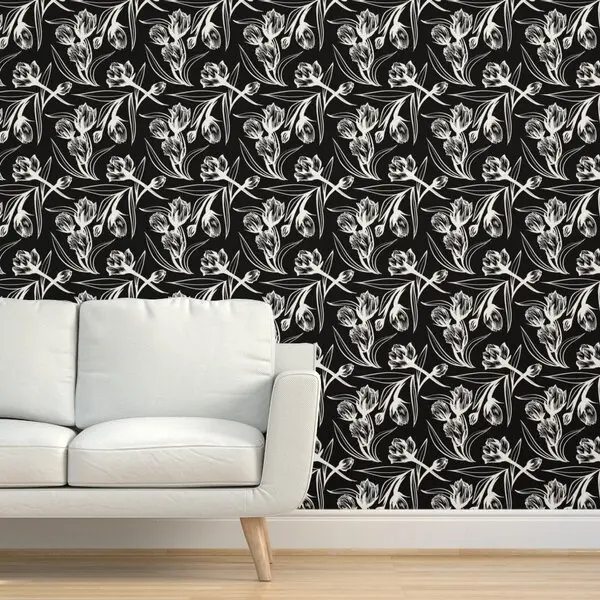 Spoonflower Inky Tulips On Black 100% Natural Sisal Grasscloth Wallcovering
