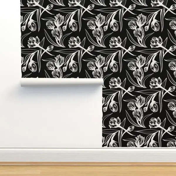Spoonflower Inky Tulips On Black 100% Natural Sisal Grasscloth Wallcovering