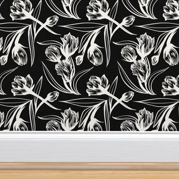 Spoonflower Inky Tulips On Black 100% Natural Sisal Grasscloth Wallcovering