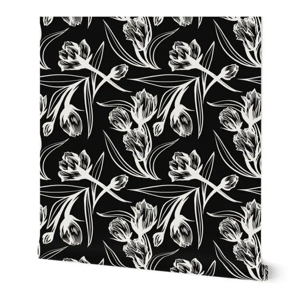 Spoonflower Inky Tulips On Black 100% Natural Sisal Grasscloth Wallcovering