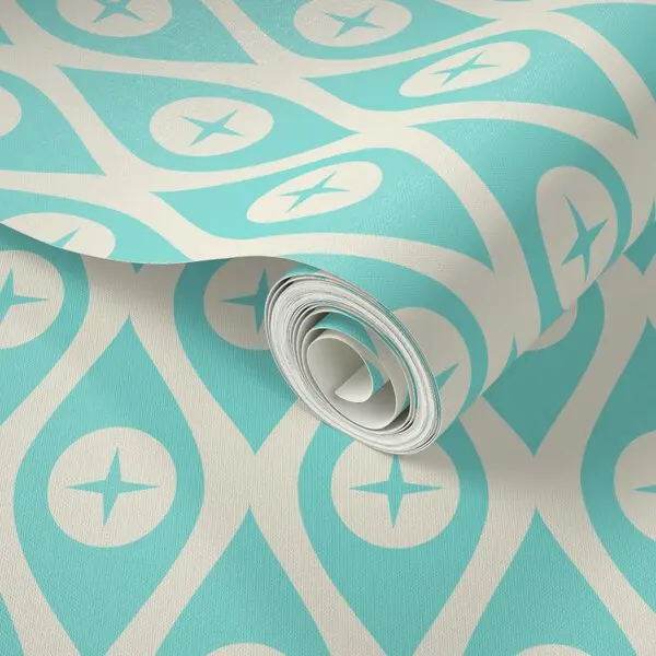 Spoonflower Atomic Eyes Mid Century Custom Removable Wallpaper - Blue,white,teal