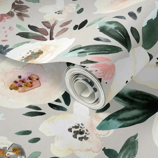 Spoonflower Light Gray Floral Flowers White Neutral Blush Blue Custom Removable Wallpaper - Gray,pink,green