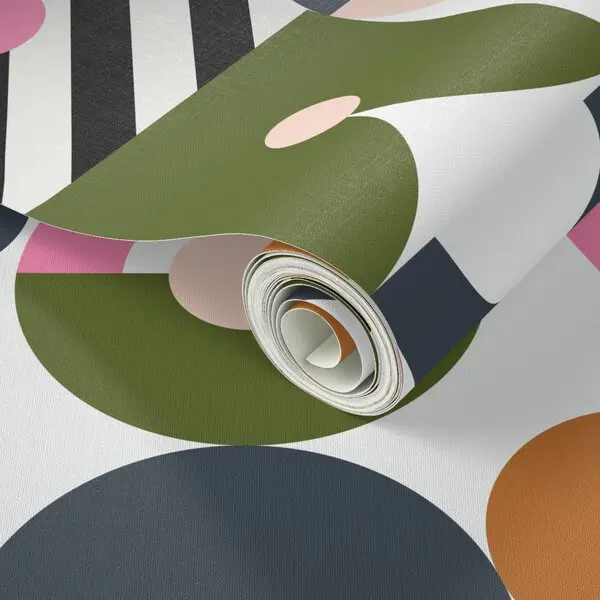 Spoonflower Black And White Green Blue Yellow Bright Geometric Custom Pre-pasted Wallpaper - White,green,pink