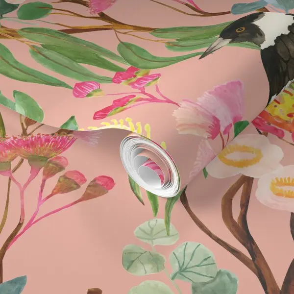 Spoonflower Eucalyptus Australia Chinoiserie Birds Bloom Flora Traditional Wallpaper - Brown,green,beige