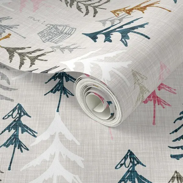 Spoonflower Pink Forest Hiking Camping Explore Mountain Custom Pre-pasted Wallpaper - Pink,green,white