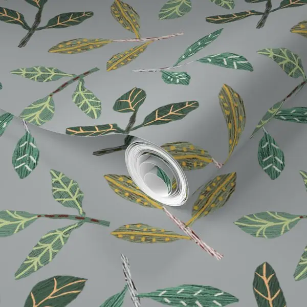 Spoonflower Nature Woodland Autumn Green Leaves Leafy Collage Custom Removable Wallpaper - Gray,green