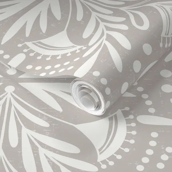 Spoonflower Flowers Leaves Nature Geometric Art Deco Neutral Traditional Wallpaper - Gray,white,beige