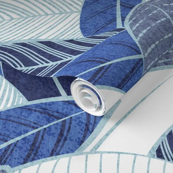 Spoonflower Leaves Winter Leaf Autumn Monochromatic Traditional Wallpaper - Blue,white,navy