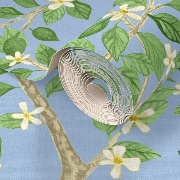 Spoonflower Kelsey's Garden On Bluebird 100% Natural Sisal Grasscloth Wallcovering - Blue,green