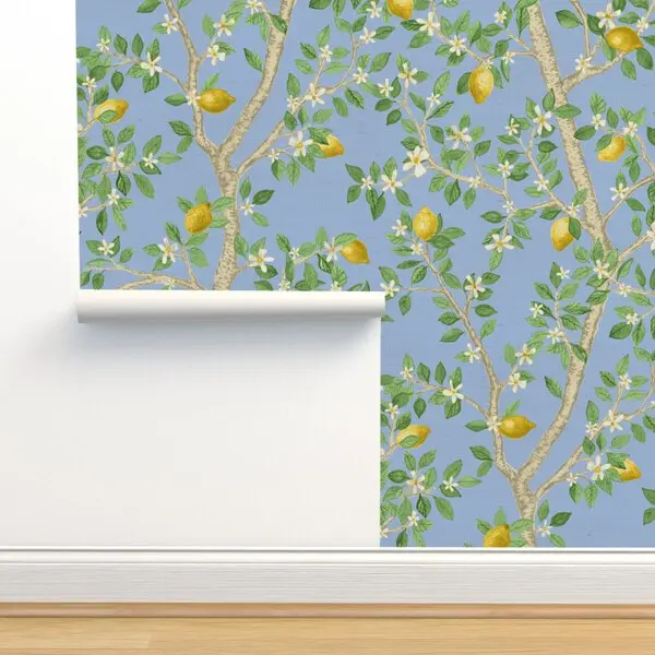 Spoonflower Kelsey's Garden On Bluebird 100% Natural Sisal Grasscloth Wallcovering