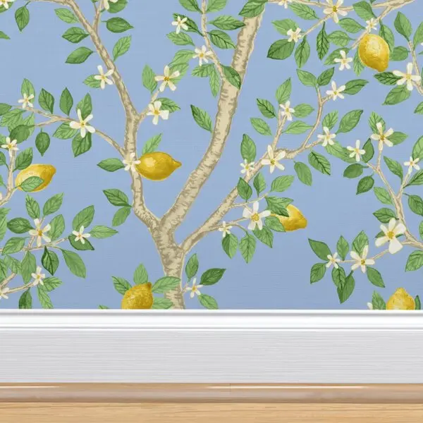 Spoonflower Kelsey's Garden On Bluebird 100% Natural Sisal Grasscloth Wallcovering