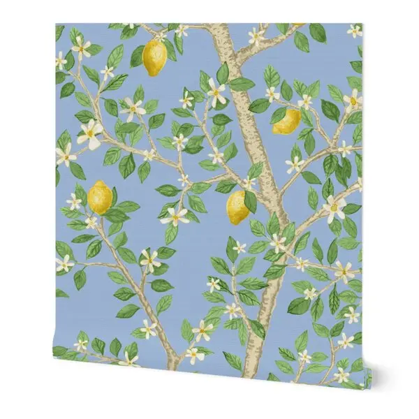 Spoonflower Kelsey's Garden On Bluebird 100% Natural Sisal Grasscloth Wallcovering