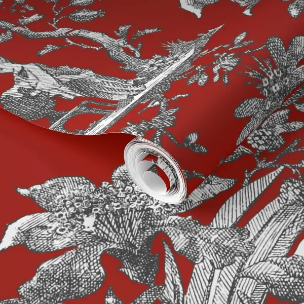 Spoonflower Asian Red Chinese Toile Chinoiserie Turkey Traditional Wallpaper - Red,gray