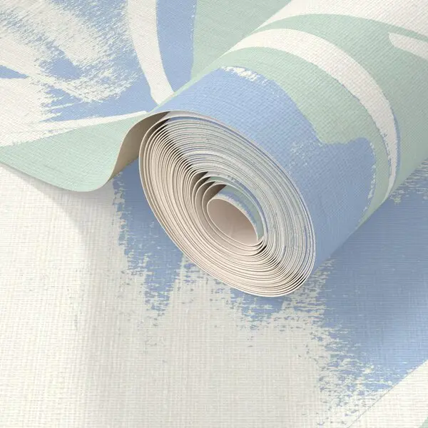 Spoonflower Jumbo Flowers Cornflower Blue On Seafoam Green 100% Natural Sisal Grasscloth Wallcovering - White,green