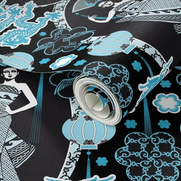Spoonflower China Imperial Paper Cutting New Year Lady Custom Pre-pasted Wallpaper - Blue,black