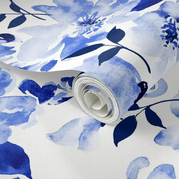 Spoonflower Indigo Watercolor Floral Blue Ladylike Peaceful Traditional Wallpaper - Blue,white,gray