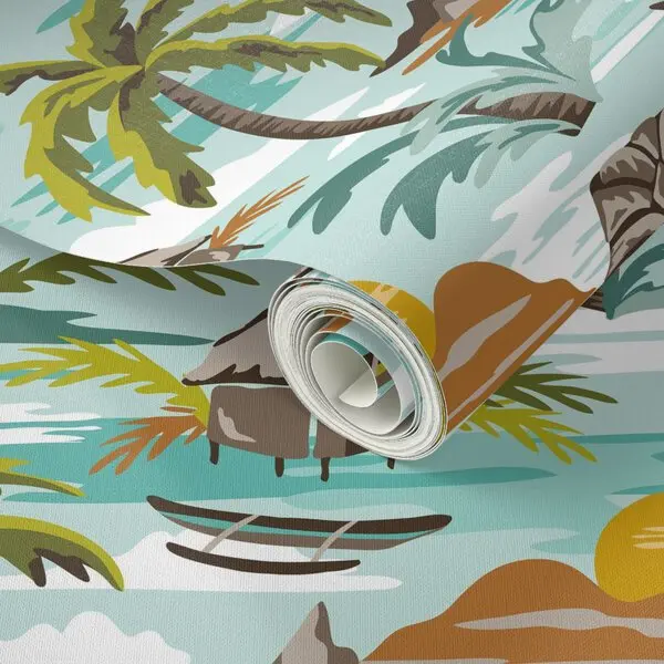 Spoonflower Vintage Retro Summer Beach Tropical Novelty Ocean Custom Removable Wallpaper - Mint,green,teal