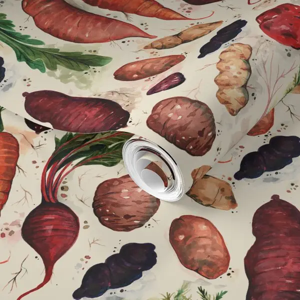 Spoonflower Kitchen Watercolor Potato Vegetables Veggies Roots Traditional Wallpaper - Beige,brown,red