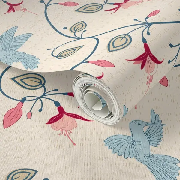 Spoonflower Pink Cream Blue Flowers Teal Red Birds Traditional Wallpaper - Gray,red