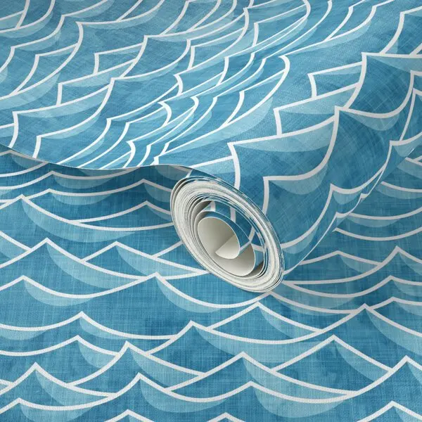 Spoonflower Waves Ocean Nautical Nursery Wave Custom Pre-pasted Wallpaper - Blue