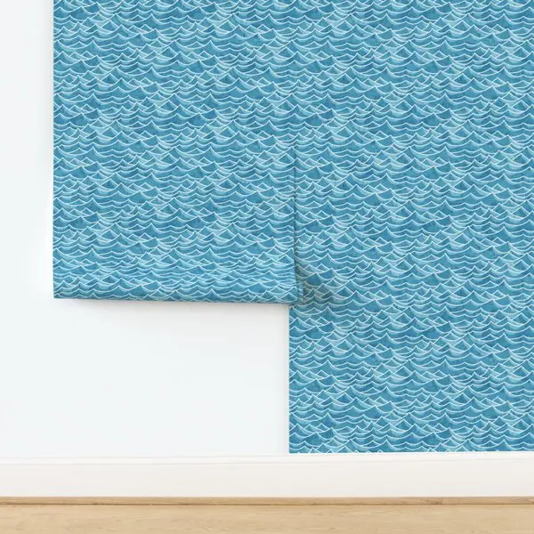 Spoonflower Waves Ocean Nautical Nursery Wave Custom Pre-pasted Wallpaper - Blue