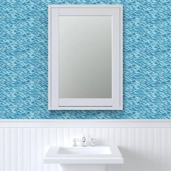 Spoonflower Waves Ocean Nautical Nursery Wave Custom Pre-pasted Wallpaper - Blue