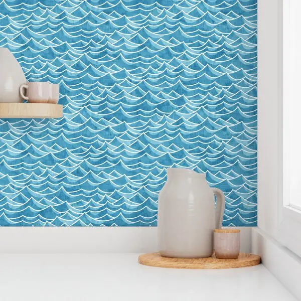Spoonflower Waves Ocean Nautical Nursery Wave Custom Pre-pasted Wallpaper - Blue