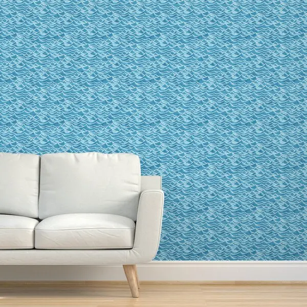 Spoonflower Waves Ocean Nautical Nursery Wave Custom Pre-pasted Wallpaper - Blue