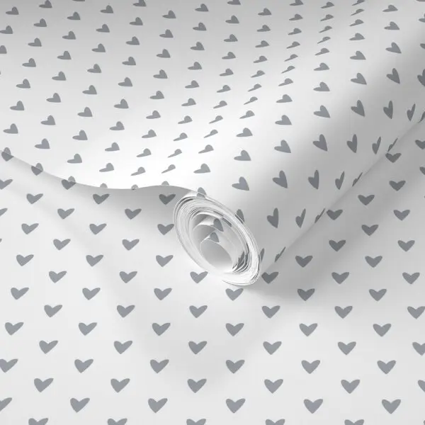 Spoonflower Heart Valentines Tiny Hearts Grey Custom Pre-pasted Wallpaper - White,gray
