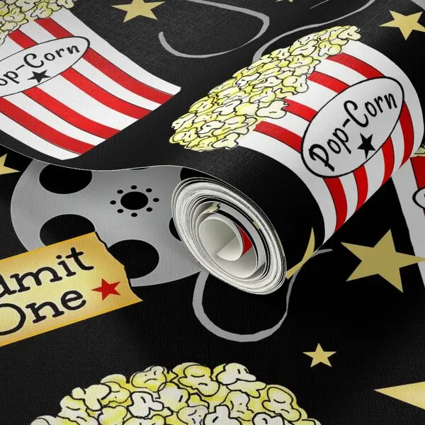 Spoonflower Black Stars Red Novelty Theater Popcorn Film Custom Removable Wallpaper - Black,red,brown