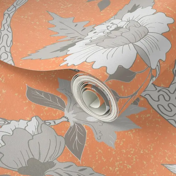 Spoonflower Floral Orange Grey Branch Putty Custom Removable Wallpaper - Orange,gray
