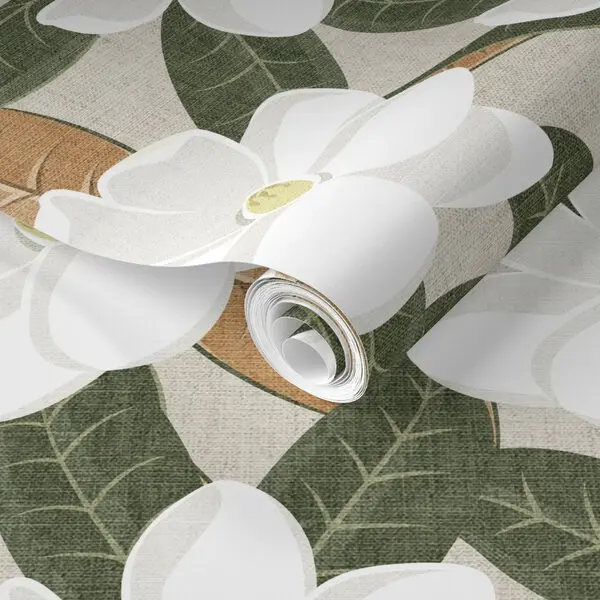 Spoonflower Magnolia Flowers Cream Southern Custom Removable Wallpaper - Green,gray,brown