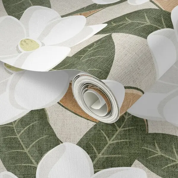 Spoonflower Magnolia Flowers Cream Southern Custom Pre-pasted Wallpaper - Green,gray,brown