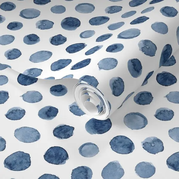 Spoonflower Watercolor Polka Dots Blue Circles Custom Pre-pasted Wallpaper - Blue,white,gray