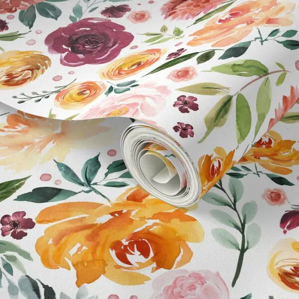 Spoonflower Orange Burgundy Floral Spring Watercolor Fall Custom Removable Wallpaper - Orange,purple,gray
