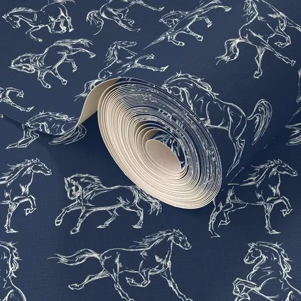 Spoonflower Horse Horses Bronco Sketches Appaloosa Mustang 100% Natural Sisal Grasscloth Wallcovering - Navy,blue