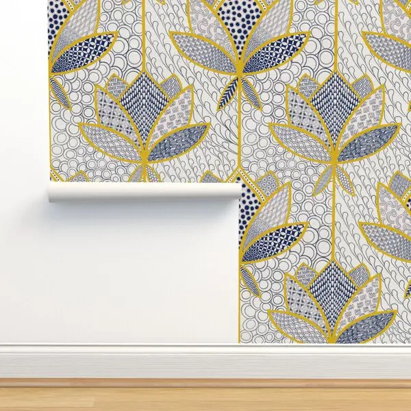 Spoonflower Japanese Lotus Large 100% Natural Sisal Grasscloth Wallcovering - White