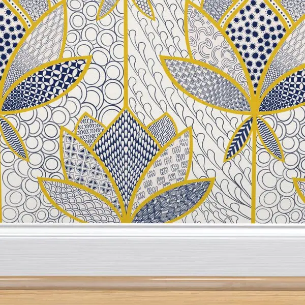 Spoonflower Japanese Lotus Large 100% Natural Sisal Grasscloth Wallcovering - White