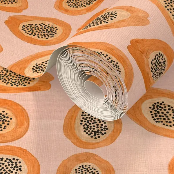 Spoonflower Papayas Pattern 100% Natural Sisal Grasscloth Wallcovering - Orange,pink,brown
