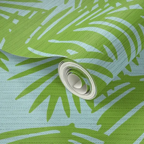 Spoonflower Palm Green Palms Tropical Leaves Summer Botanical Custom Removable Wallpaper - Blue,green,teal