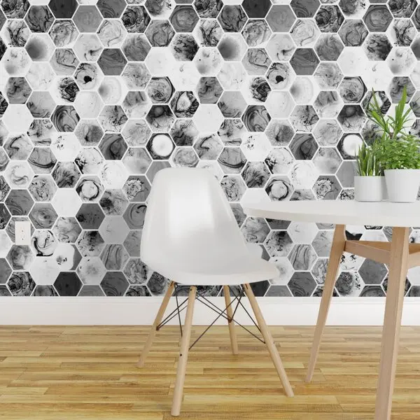 Spoonflower Black Grey Cheater B W Hexagon Hexies Traditional Wallpaper