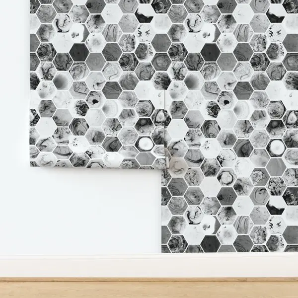 Spoonflower Black Grey Cheater B W Hexagon Hexies Traditional Wallpaper