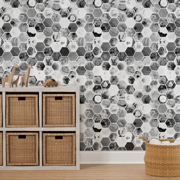 Spoonflower Black Grey Cheater B W Hexagon Hexies Traditional Wallpaper