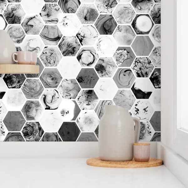 Spoonflower Black Grey Cheater B W Hexagon Hexies Traditional Wallpaper