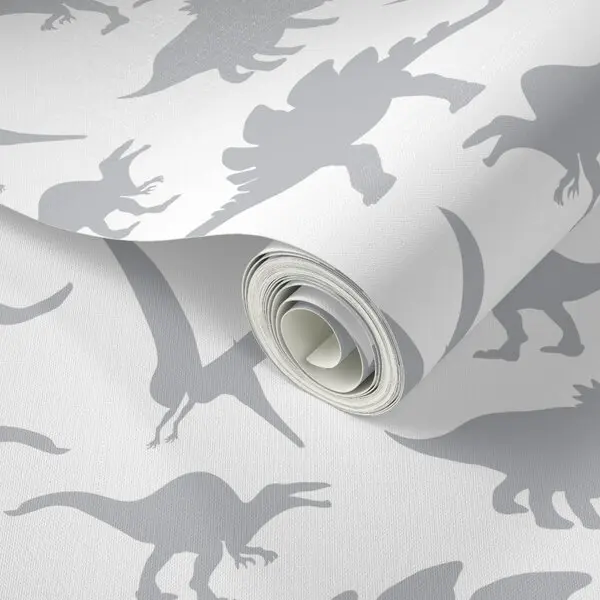 Spoonflower Animal And White Grey Miss Chiff Designs Dinosaur Custom Removable Wallpaper - White,gray