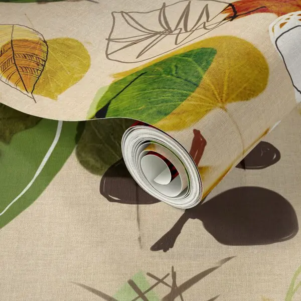 Spoonflower Mid Century Love Autumn Fall Leaf Leaves Brown Custom Removable Wallpaper - Brown,green,red