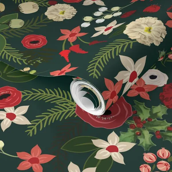 Spoonflower Vintage Christmas Floral Hunter Green Berries Custom Removable Wallpaper - Green,red,pink
