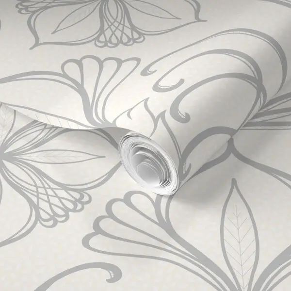 Spoonflower Cream Floral Pattern Hand Drawn Neutral Art Custom Pre-pasted Wallpaper - White,gray